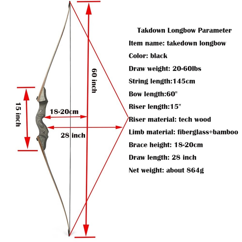 60 Inch Black Hunter Takedown Longbow 20-60lbs Traditional Wood ...