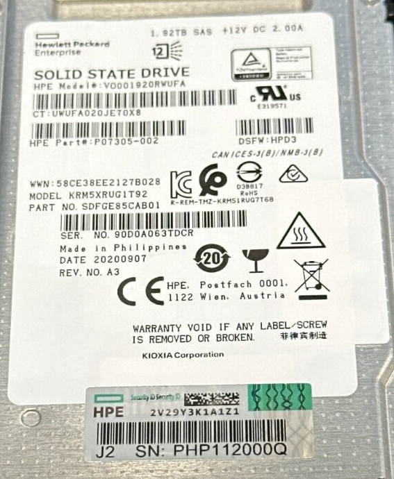 HPE 1.92TB Read Intensive SAS3 SSD Drive Gen10 SFF Hot Swap P36999-B21 ...