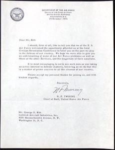 General Nathan Twinning Signed Dept Air Force Letter Office Of The ...