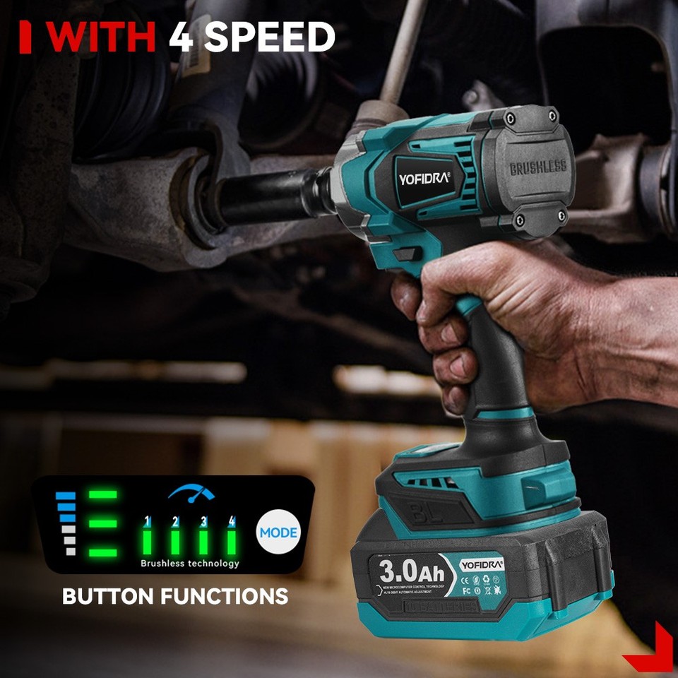 1200NM Cordless Electric Impact Wrench Gun 1/2'' High Power Driver with ...