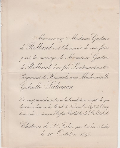 1898 Faire-part mariage Gaston de ROLLAND & Gabrielle SALAMAN Trèbes ...