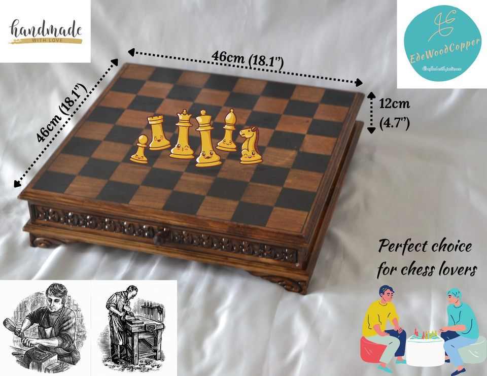 Walnut Wood Chess Storag Box with Drawer and Chess Board Hand Carved ...