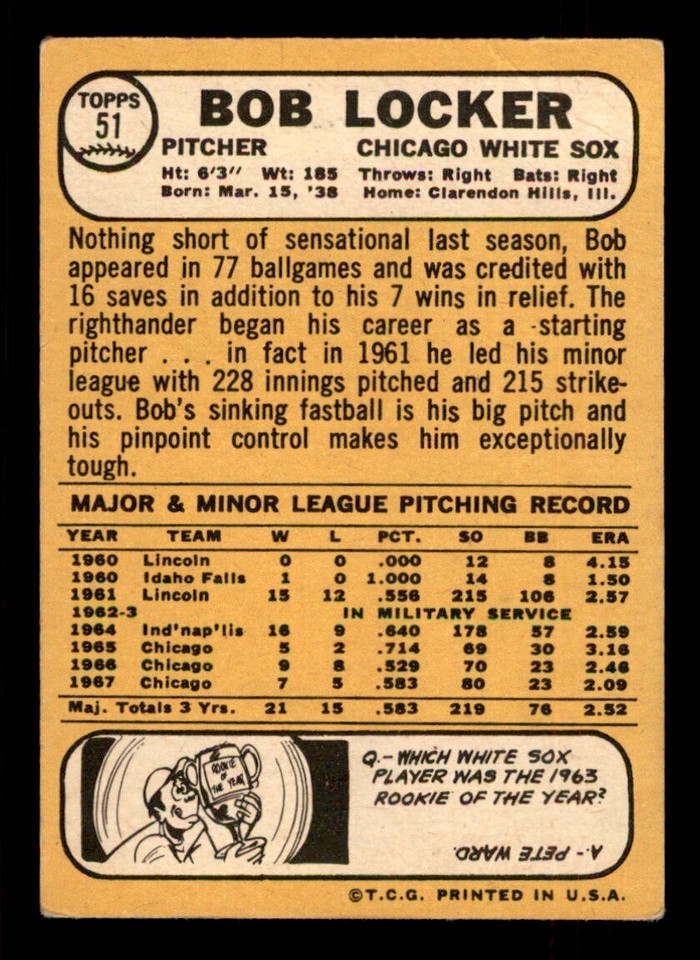 1968 Topps Baseball #51 Bob Locker GD *e2 | eBay