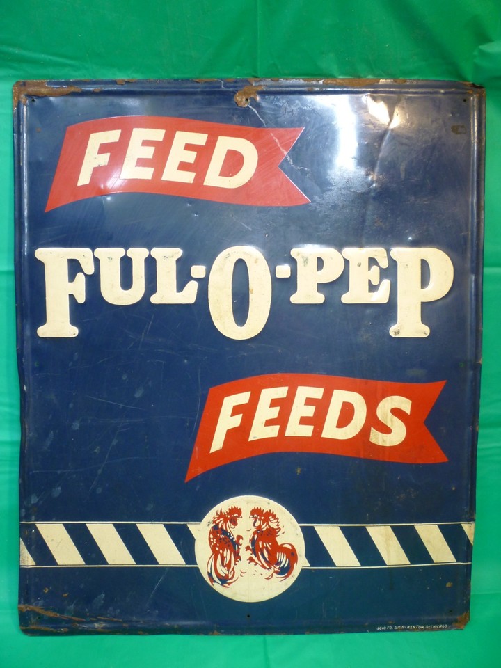 Fighting Roosters Vintage Ful O Pep Feeds Embossed Metal Sign Chicken ...