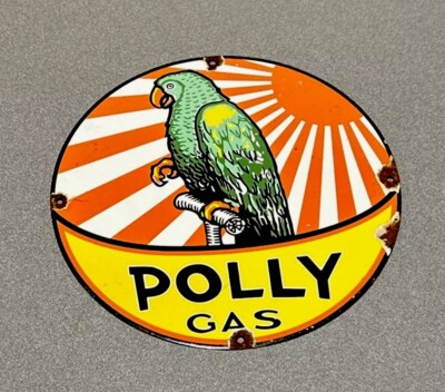 VINTAGE 12” POLLY BIRD GASOLINE PORCELAIN SIGN CAR GAS TRUCK MOTORCYCLE ...