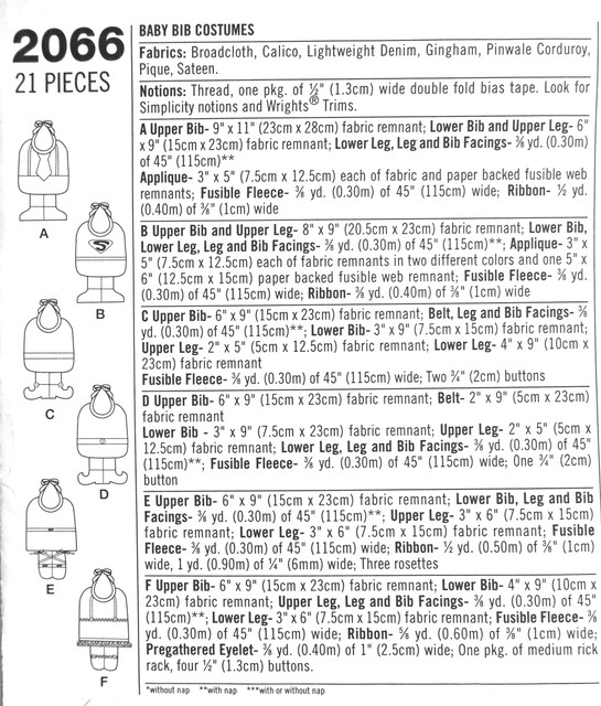 Simplicity Sewing Pattern 2066 Baby Bib Costumes Uncut for sale online ...