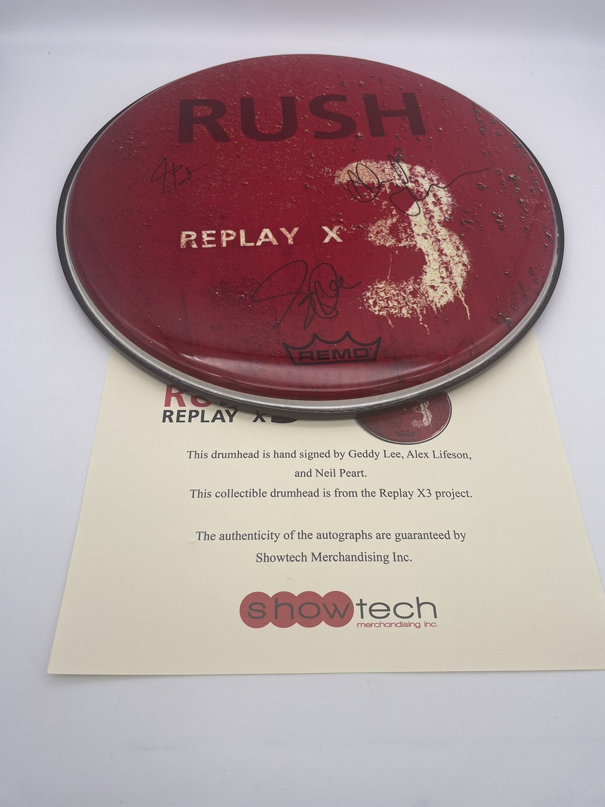 RARE Rush signed Autographed Drumhead Neil Peart Lifeson Lee Replay x 3 ...