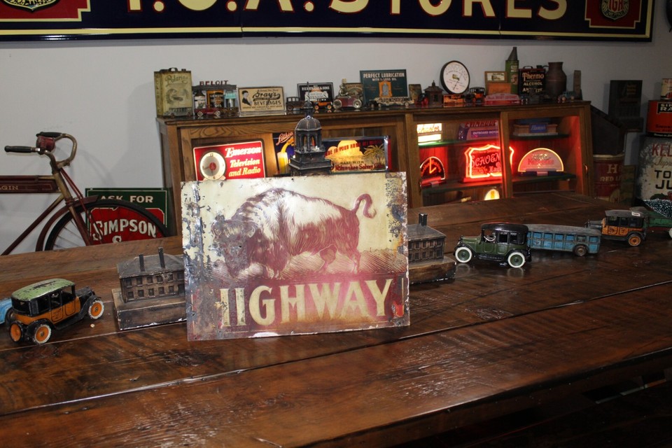 SCARCE 1920's BUFFALO HIGHWAY GASOLINE EMBOSSED PAINTED TIN TACKER SIGN ...