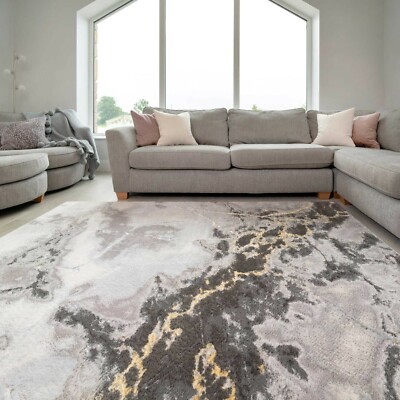 Modern Marble Rug Grey Gold Luxury Soft Indoor Living Room Bedroom ...