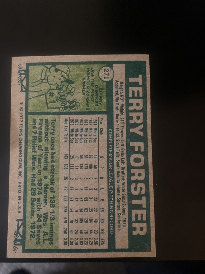 1977 Topps #271 Terry Forster Chicago White Sox Baseball Card ex read ...
