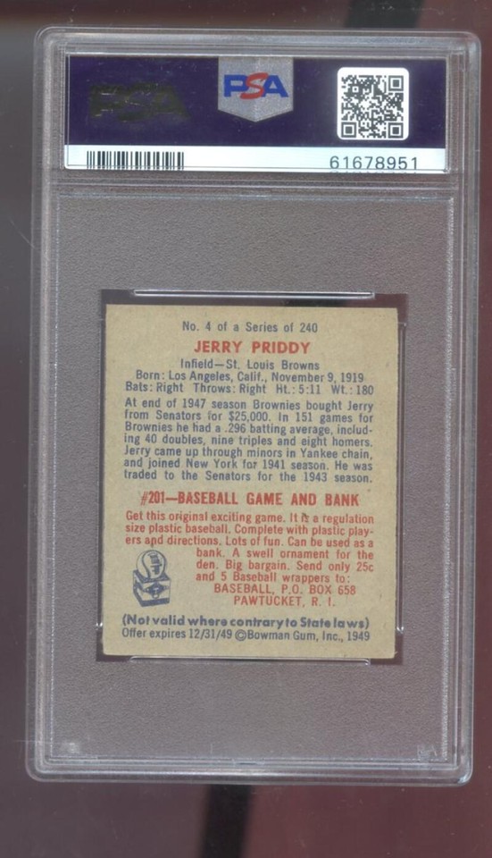 1949 Bowman #4 Jerry Priddy No Name On Front PSA A Graded Baseball Card ...