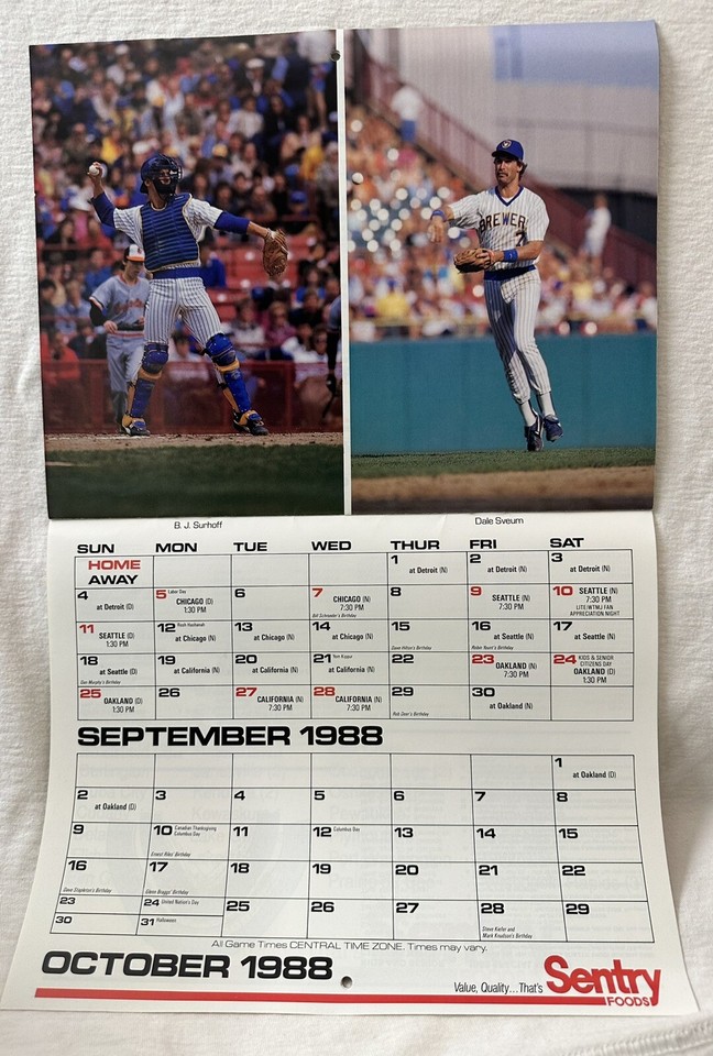 Milwaukee Brewers MLB Baseball 1988 Calendar And Schedule From Sentry ...