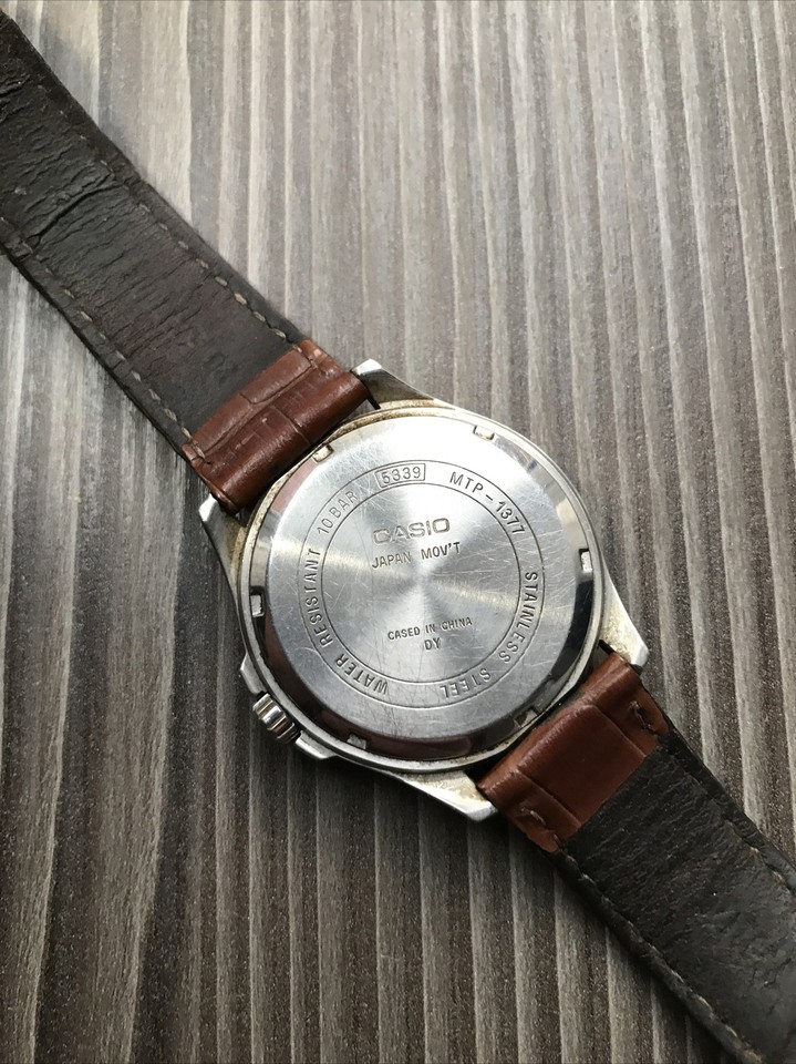 Casio MTP-1377 5339 Silver Leather Bracelet Day Date Watch Working ...
