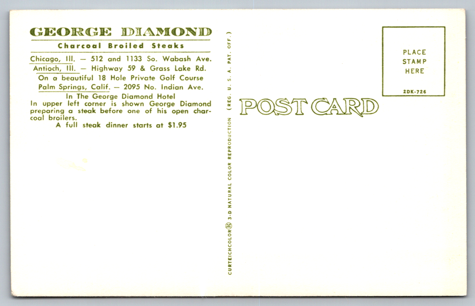 c1960s George Diamond Charcoal Broiled Steaks Illinois Vintage Postcard ...
