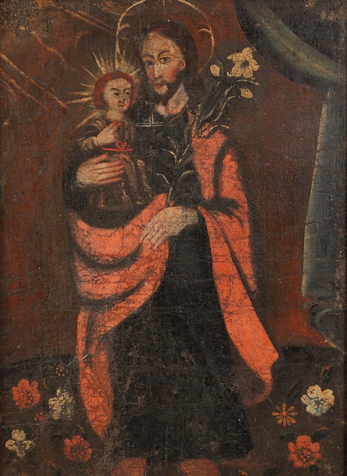 17thC Antique Cuzo School Icon St. Joseph & Jesus Spanish Colonial Oil ...