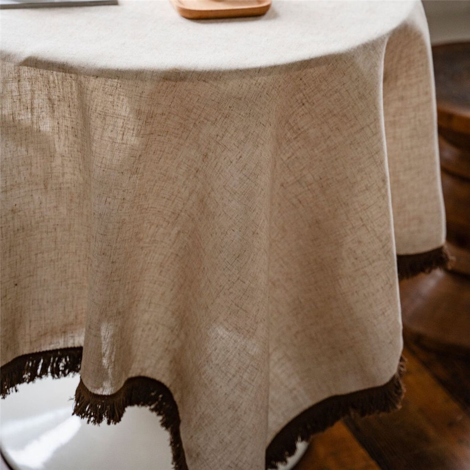 Beige Linen Tablecloth Tassel Fringe Table Cloth Cover Dining Kitchen ...