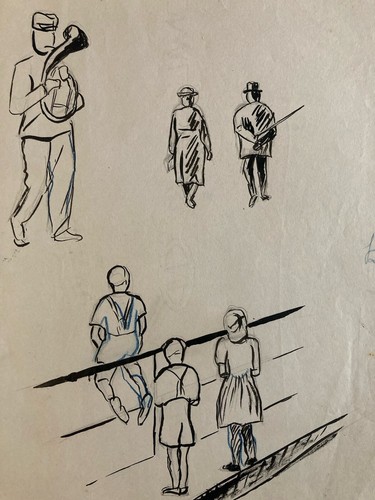 Beautiful Ink Wash Drawing Couple Man Woman Boat Bridge 1950 To ...