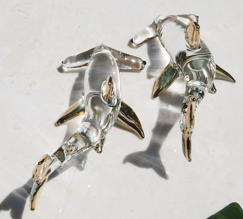 Pair of HAMMERHEAD shark figurine hand blown glass gold trim 2.75" Gift ...