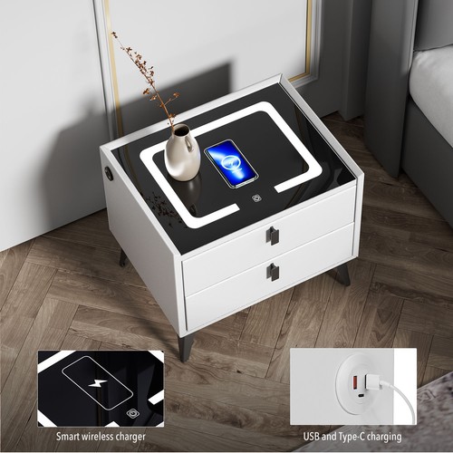 LED Bedside Table Smart Wireless Charging End Drawer Storage Cabinet ...