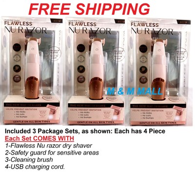 3 Pks Nu Razor Finish Touch Flawless Bulti-in Light Rechargeable 18K ...