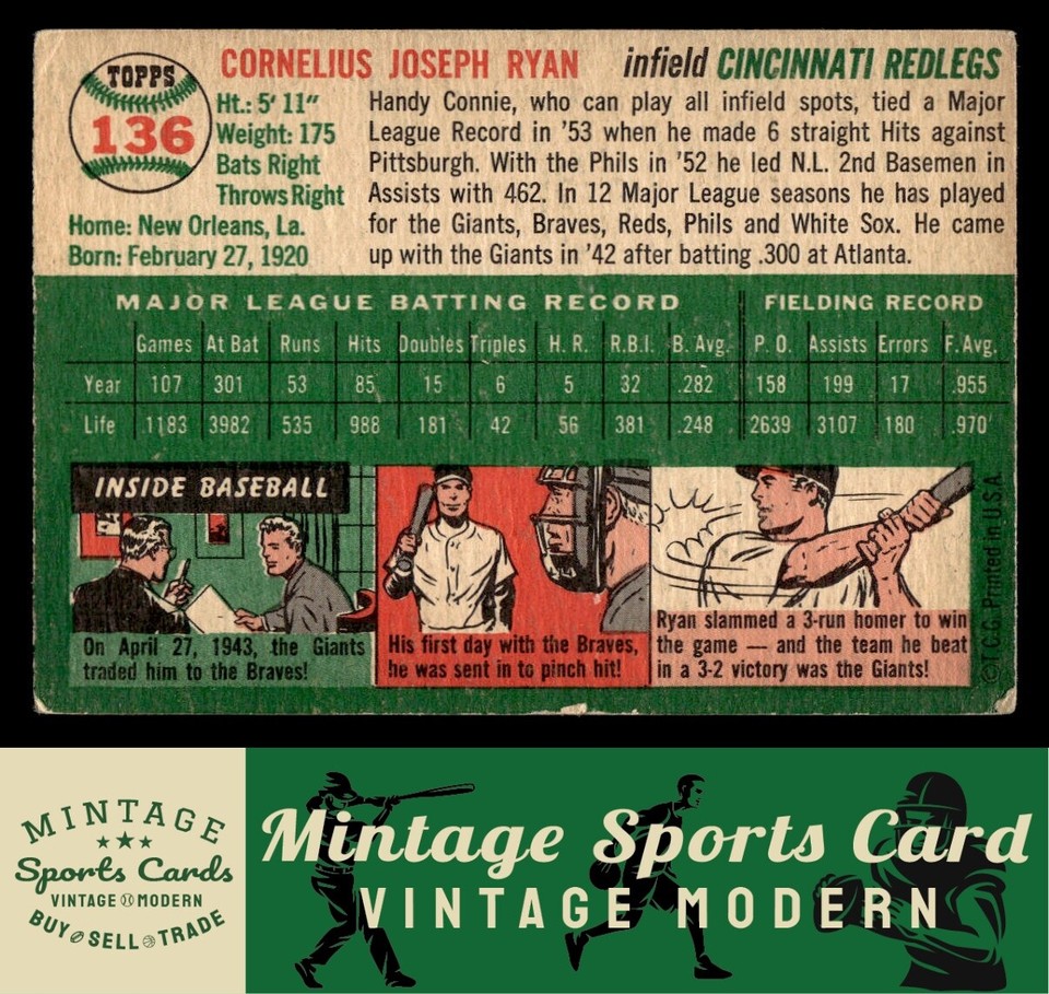 1954 Topps - Connie Ryan - #136 Cincinnati Reds GD/GD+ | eBay