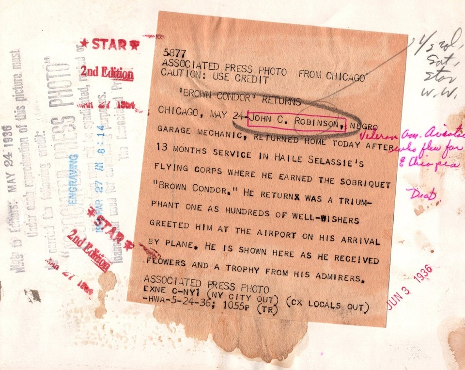 1936 John Robinson Returns Chicago African American Aviator Press Photo ...