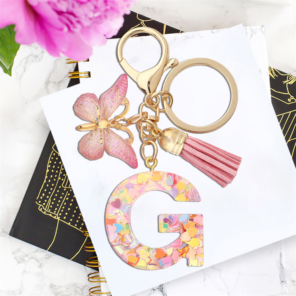 Key Ring Charm Letter G Keychain Pink Tassel Butterfly Key Ring for ...