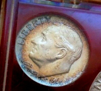 1960 P GEM BU ORIGINAL MINT SET WITH MONSTER RAINBOW DIME INSANE COLORS ...