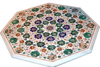 21" Marble Corner Table Top semi precious stones Floral Handmade Inlay ...