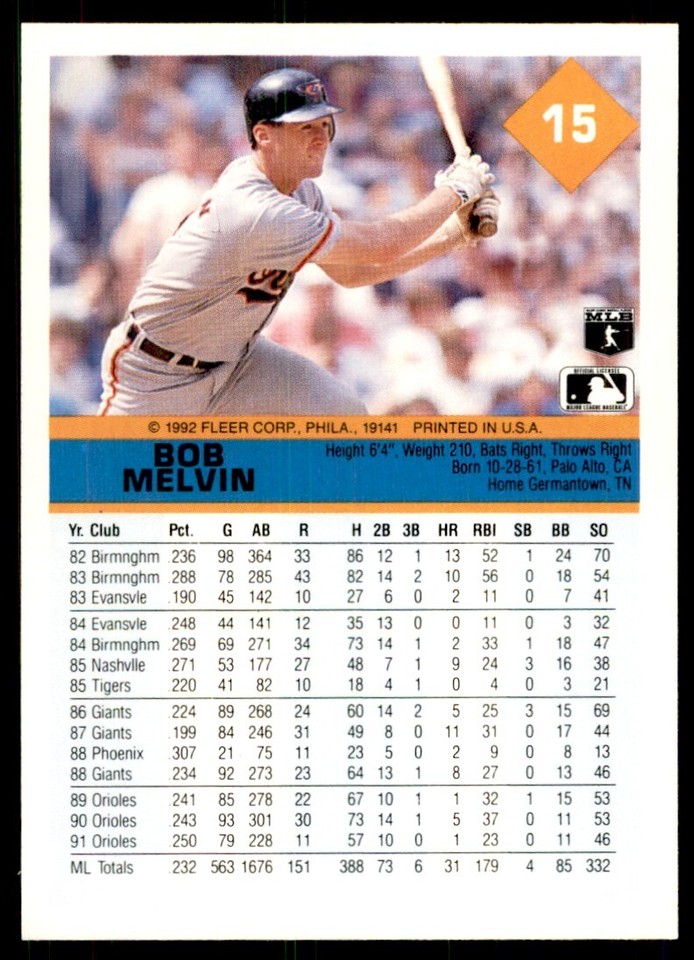 1992 Fleer Orioles Melvin Baseball Cards #15 | eBay