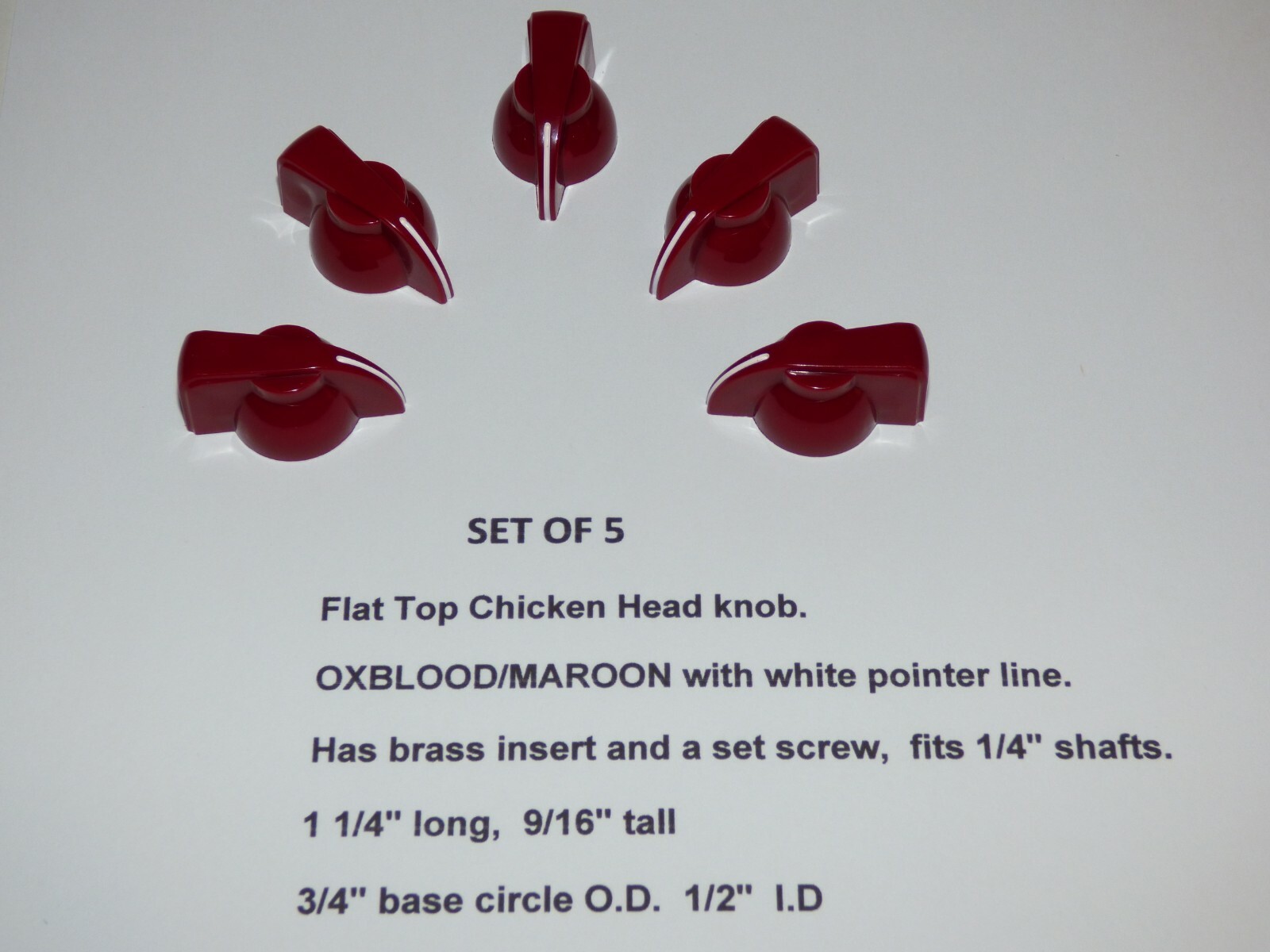 FLAT TOP CHICKEN HEAD KNOB, OXBLOOD IN COLOR, SET SCREW BRASS INSERT ...