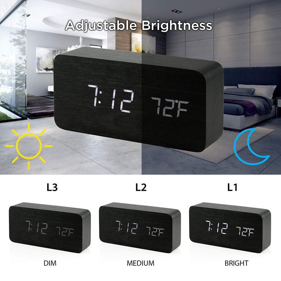 Wooden Digital Alarm Clock, Multi-Function Smart Alarm Clock, LED Light ...