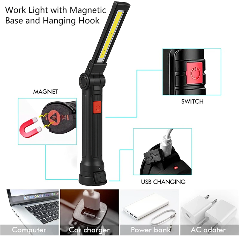 Rechargeable LED COB Work Light Mechanic Flashlight Lamp Magnetic Base ...