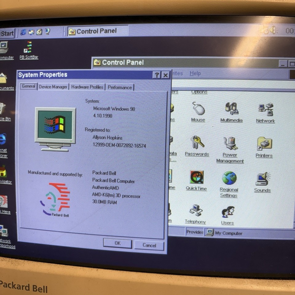 Vintage Packard Bell PC & Monitor Windows 98 Desktop Computer Full Set ...