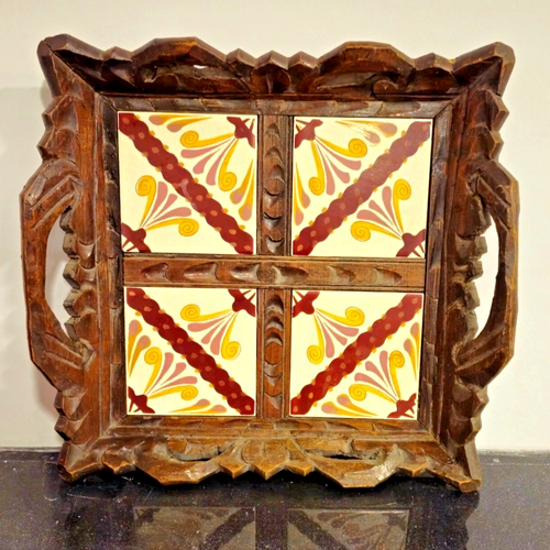 MCM Coffee table tray Wood Tray Handcrafted Hand-Painted Ceramic Tiles ...