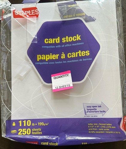 8.5" x 11" CARDSTOCK 110 lb PAPER WHITE - 12 SHEETS - NEW Staples Brand ...