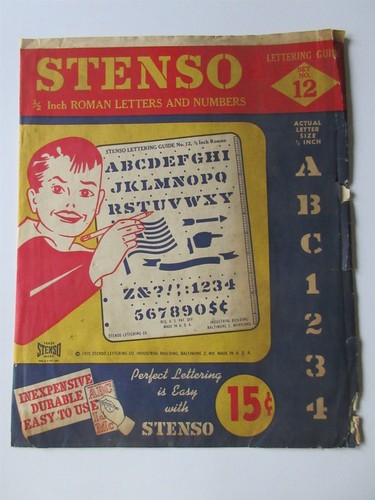 Vintage 1955 Stenso Lettering Guide #12 1/2 Roman Letters and numbers ...
