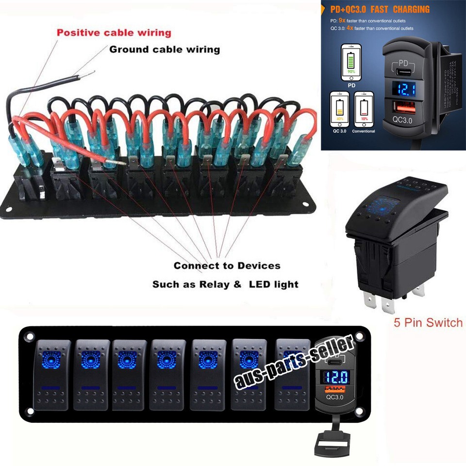 8 GANG LED Rocker Switch Panel Circuit Breaker USB Voltmeter Car Marine ...