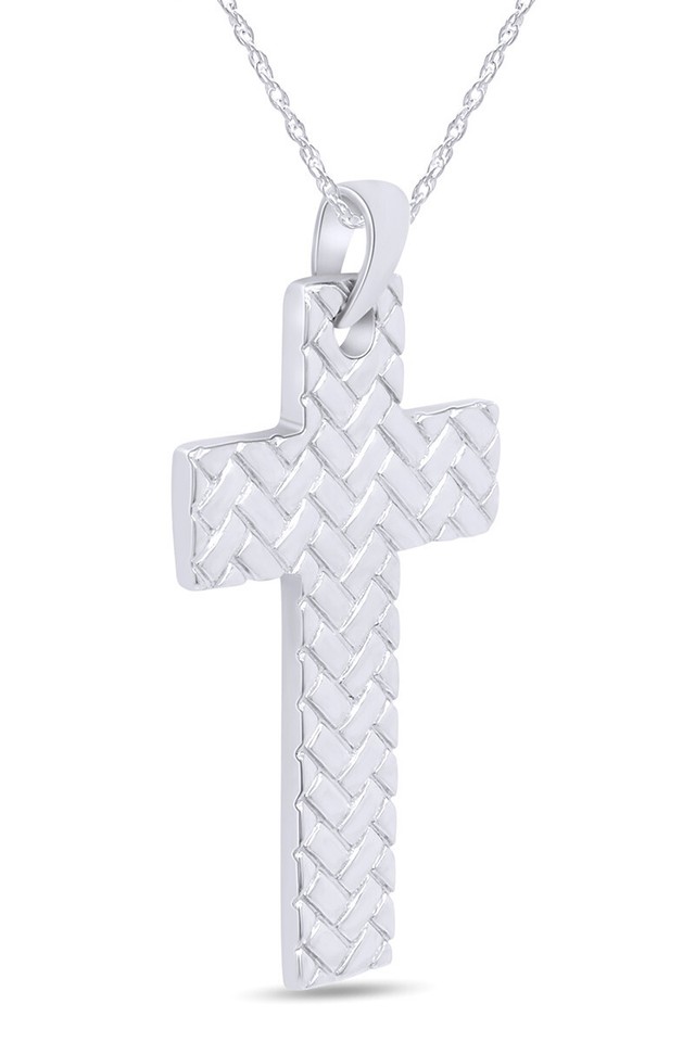 Herringbone Cross Pendant Necklace 10k Solid White Gold, 18" Rope Chain ...