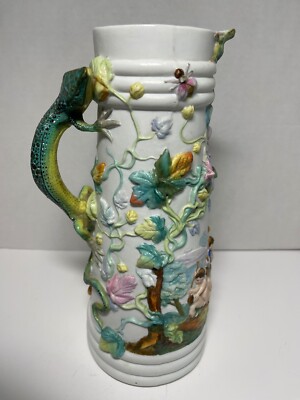 Gille Jean Jeune Biscuit-Ware Jug w Lizard Handle, Cherubs, Insects ...