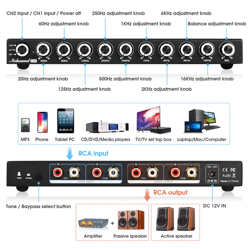 Mini 9-Band Stereo EQ Preamp Equalizer Audio Processor Buffer for Home ...