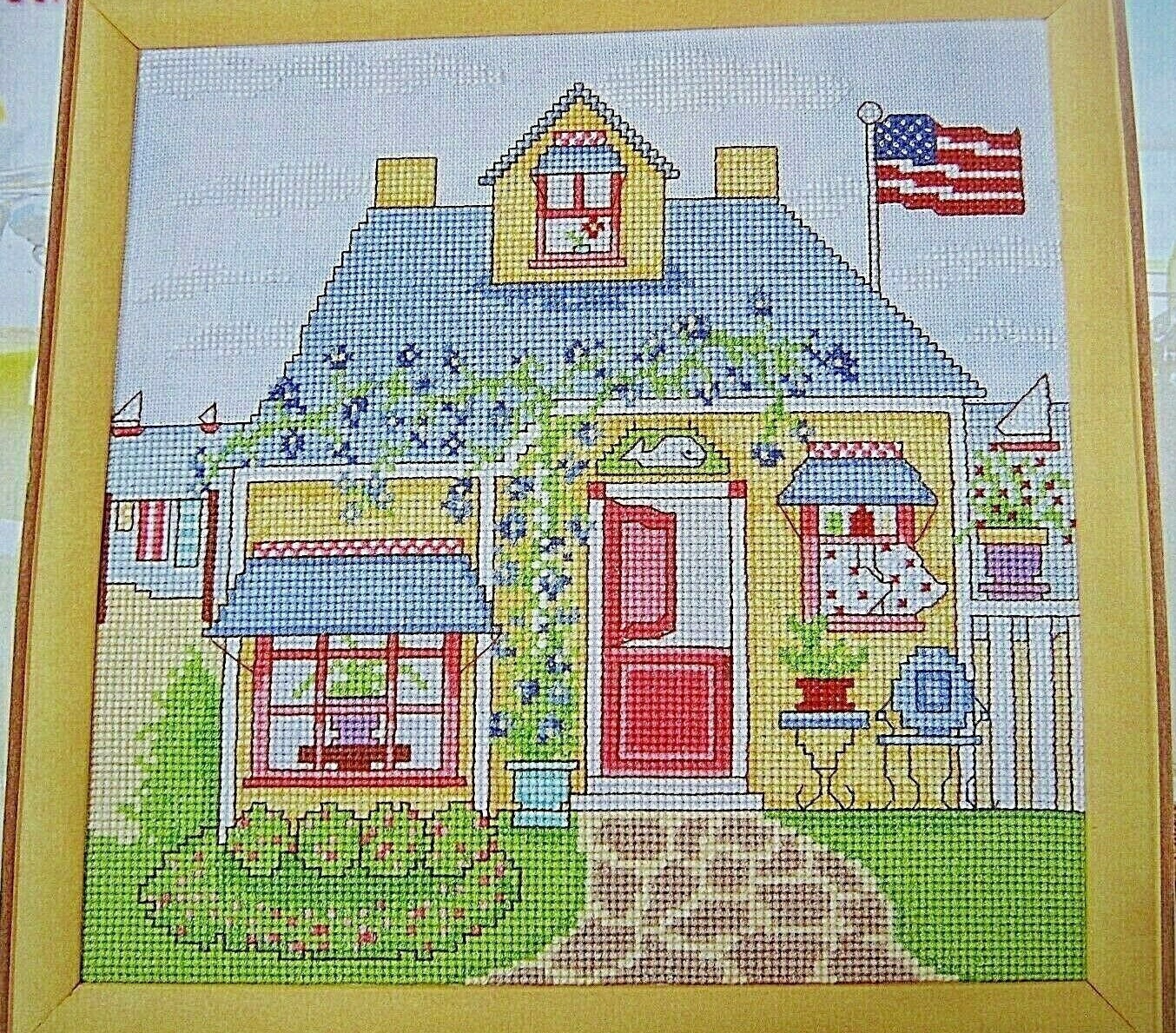 Cross Stitch "SUMMER COTTAGE" pattern - flag, plants, clothesline ...