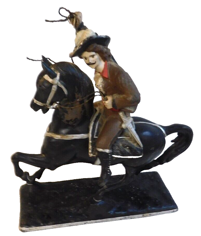 ANTIQUE~ CAST IRON MUSKETEER ON HORSEBACK WITH LASSO~10" TALL X 9 1/2 ...