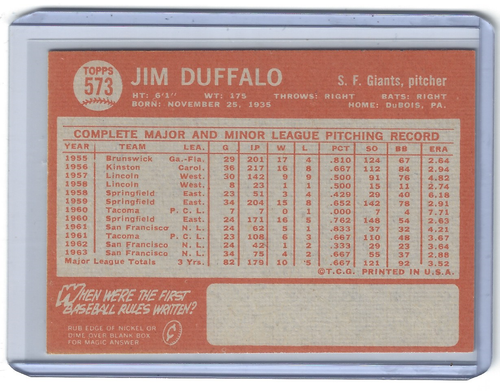 1964 Topps JIM DUFFALO #573 San Francisco Giants HIGH NUMBER CARD! | eBay