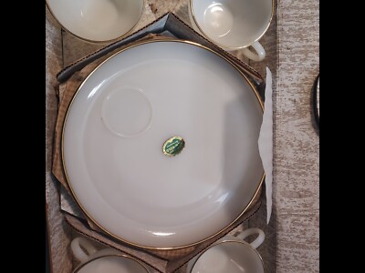 GOLDEN VEIL 22k Gold Trimmed ANCHORGLASS Milk Glass 8PC SNACK SET in ...