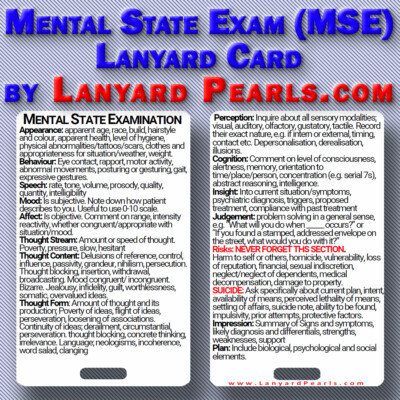 Mental State Exam MSE - Medical Lanyard Reference Card (NOT MMSE) | eBay
