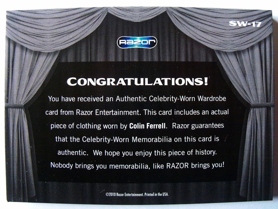COLIN FARRELL 2010 Razor Memorabilia Material Relic SW-17 *(Error Card ...
