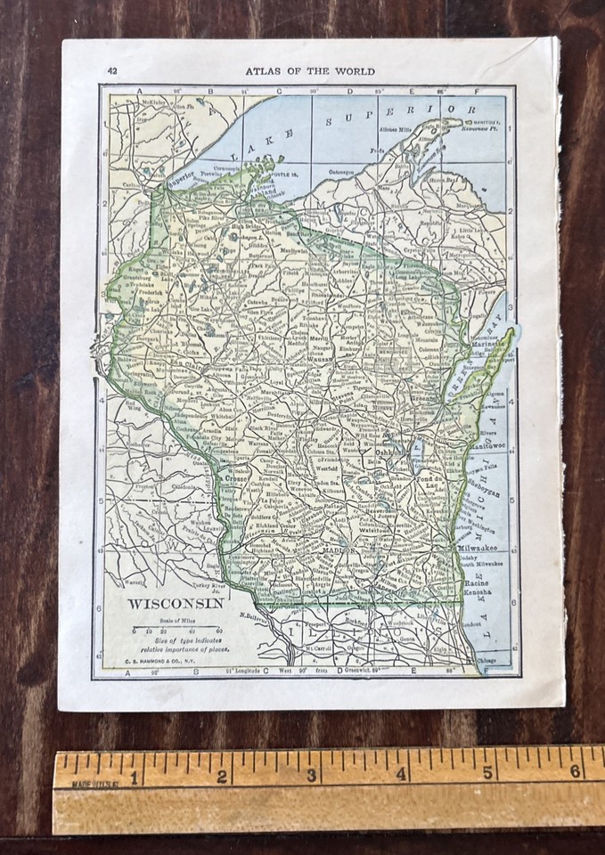 Antique 1910 States Of Wisconsin & Michigan 6x8” Color Atlas Map; C S ...