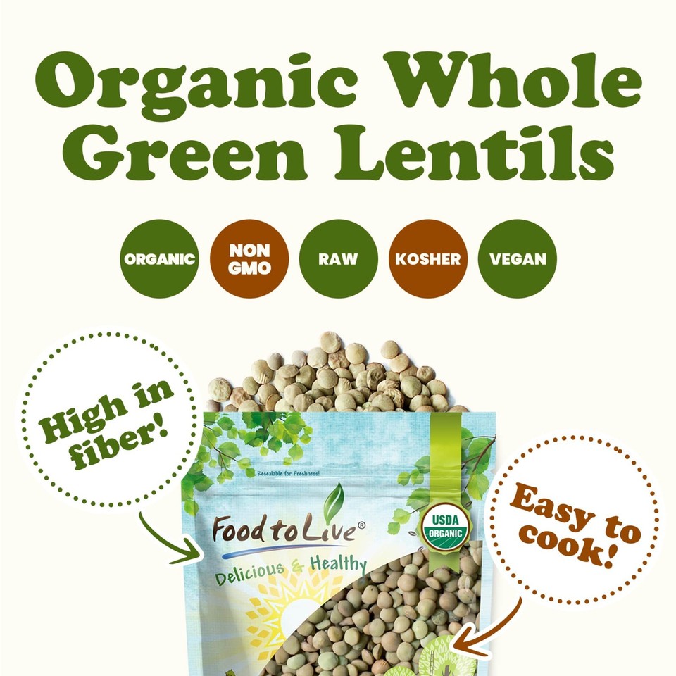 Organic Whole Green Lentils - Sproutable, Non-GMO, Kosher, Raw - by ...