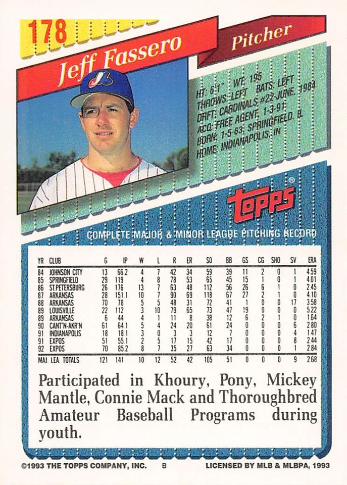 Jeff Fassero 1993 Topps Gold 178 Montreal Expos Baseball Card | eBay